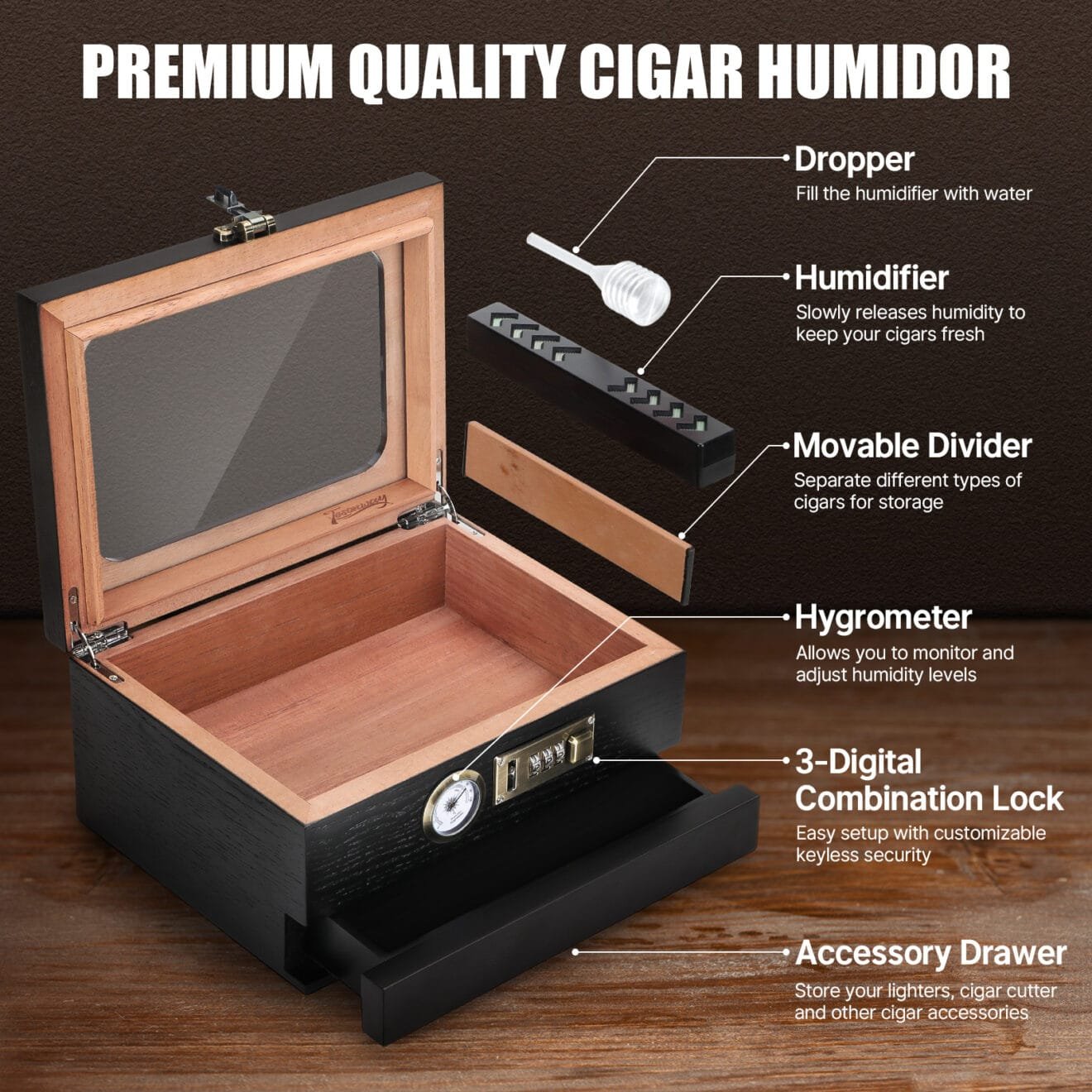 Premium Glass Top Desktop Humidor | Tesonway with Lock & Hygrometer ...